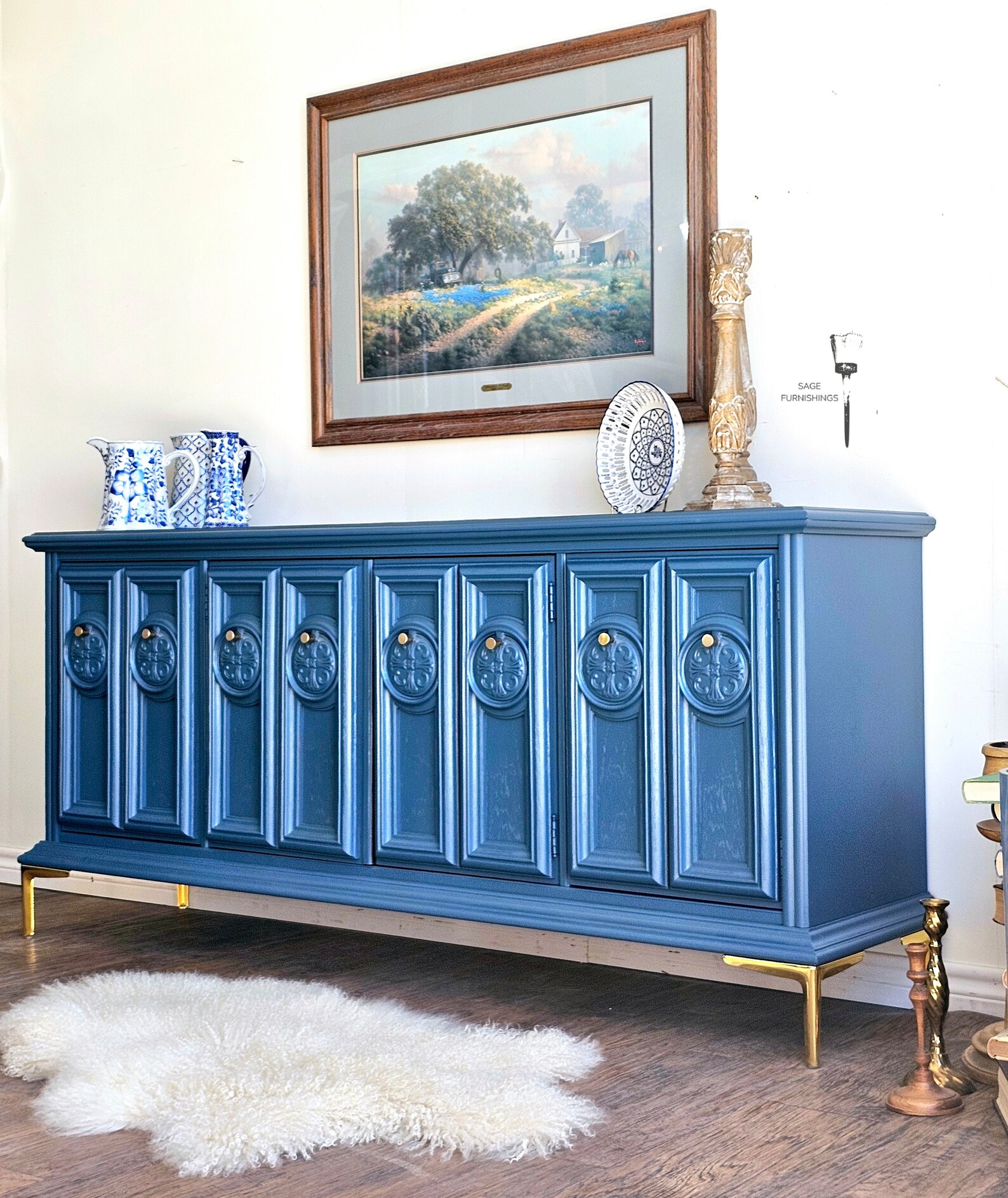 Mcm Blue Media Console Modern Dresser Credenza Vintage Mid-century ...