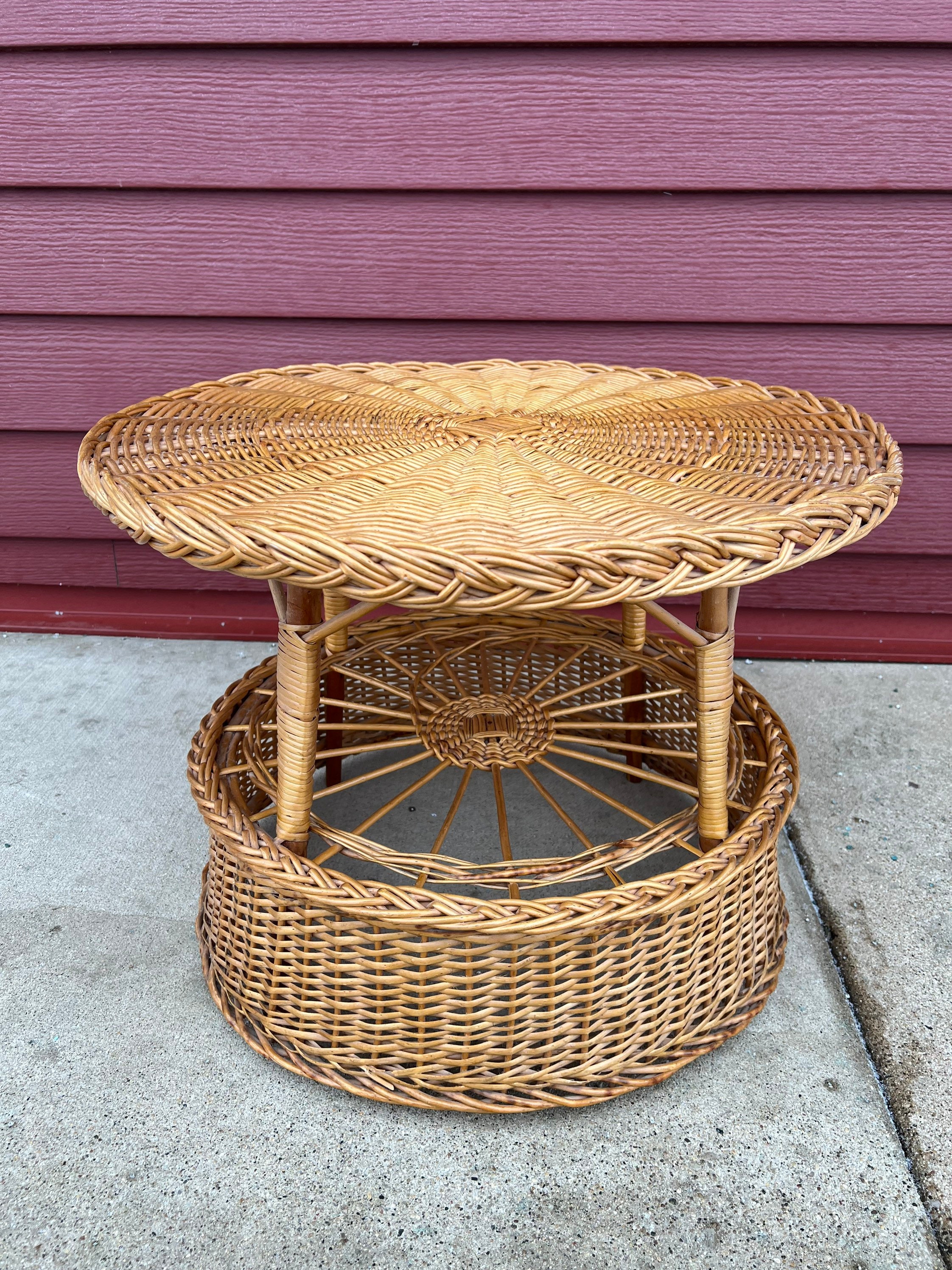 Vintage Round Wicker Side Table - Etsy