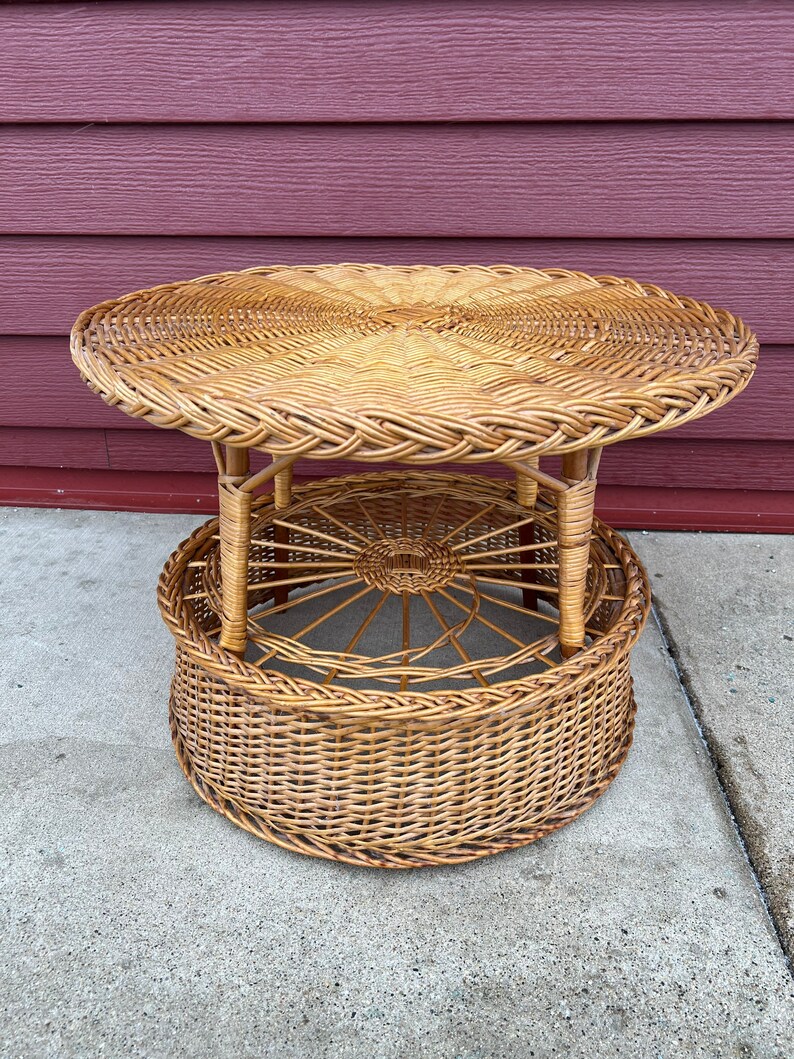Vintage Round Wicker Side Table - Etsy