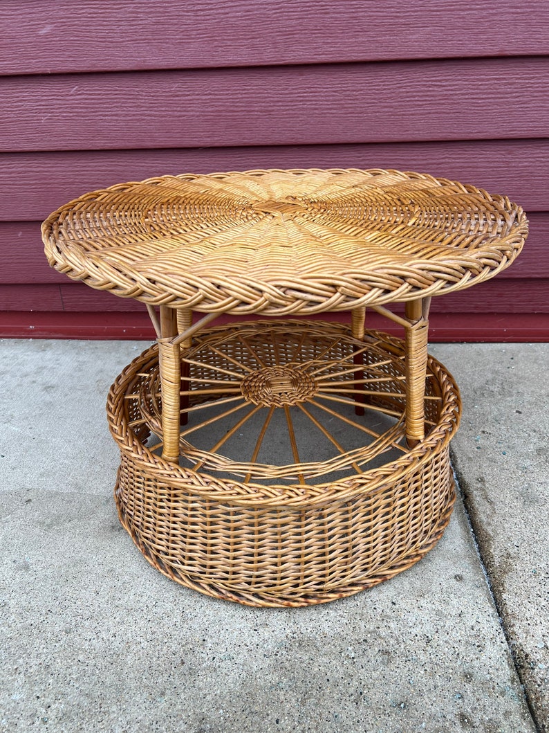Vintage Round Wicker Side Table - Etsy