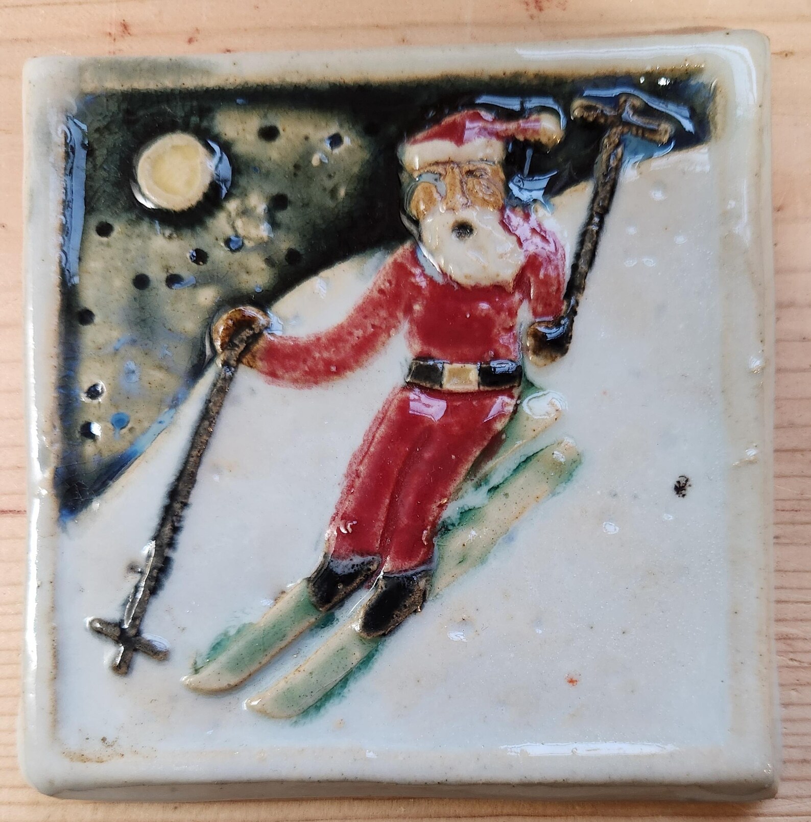 Handmade Decorative Artisan Tile Depicting a Slender Skiing Santa. 5 by ...