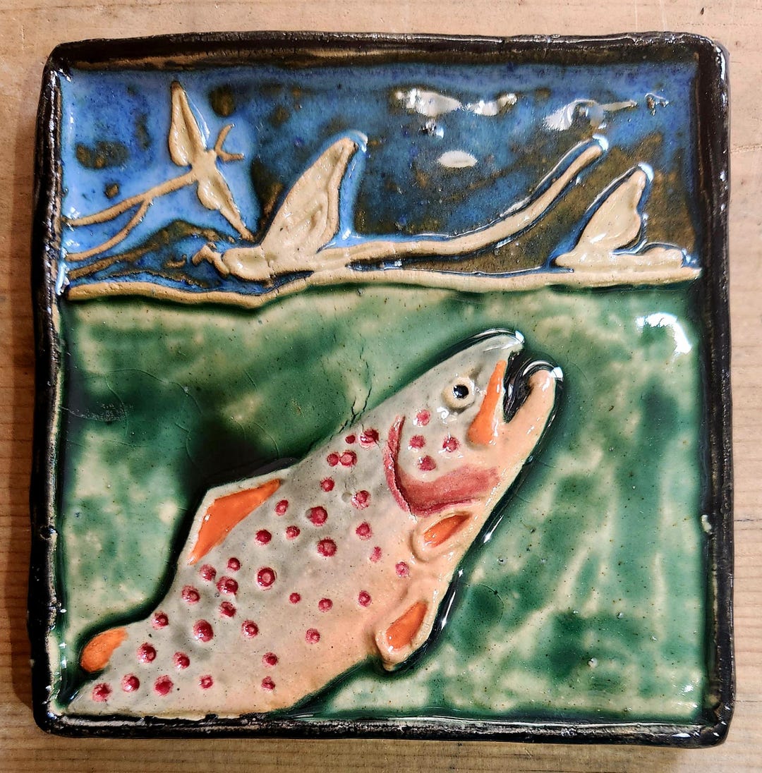 Handmade, Decorative, Artisan, Ceramic, Tile. Brown Trout Coming up for ...