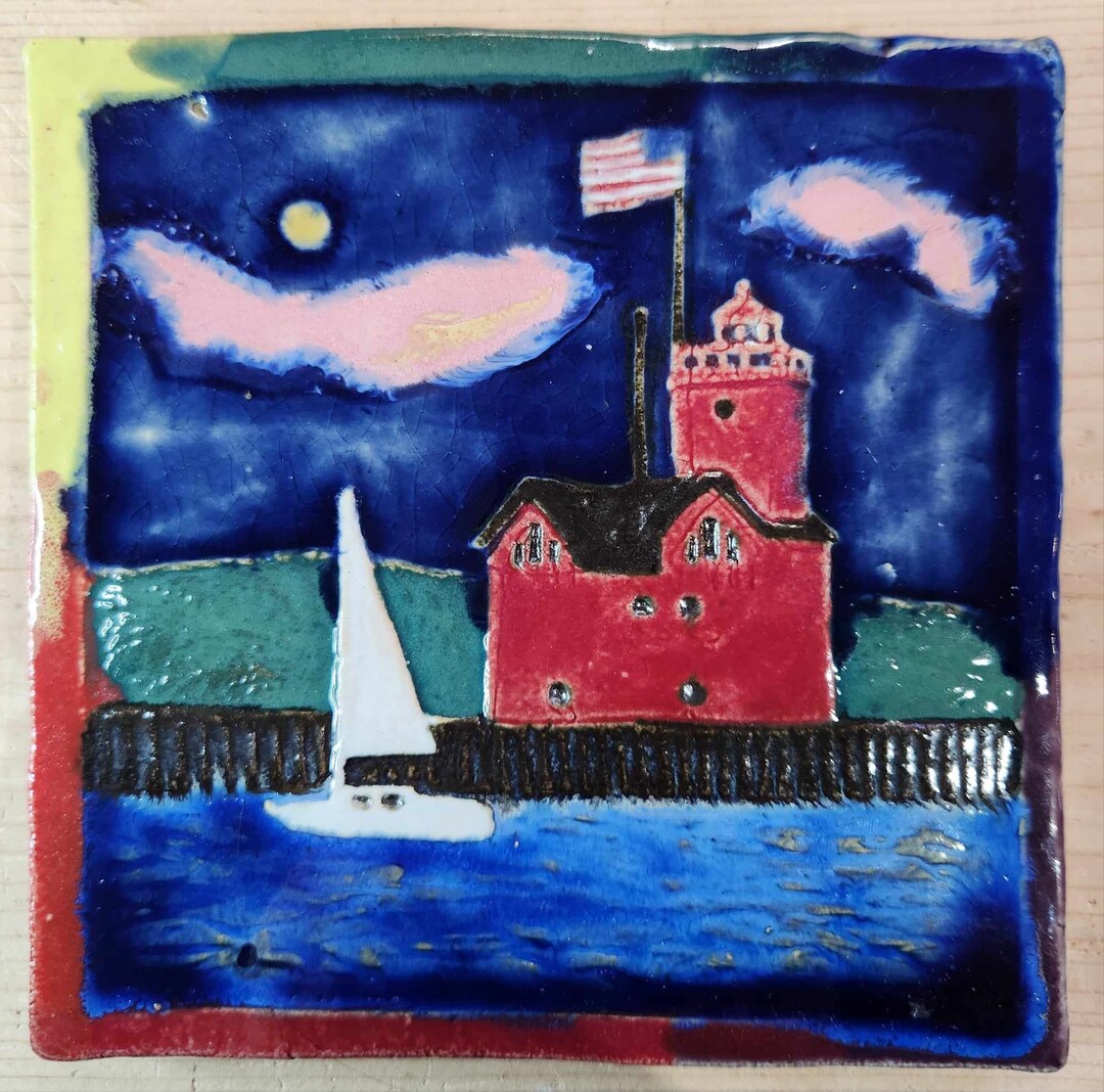 Handmade, Decorative, Artisan, Lighthouse Tile. Big Red Lighthouse ...