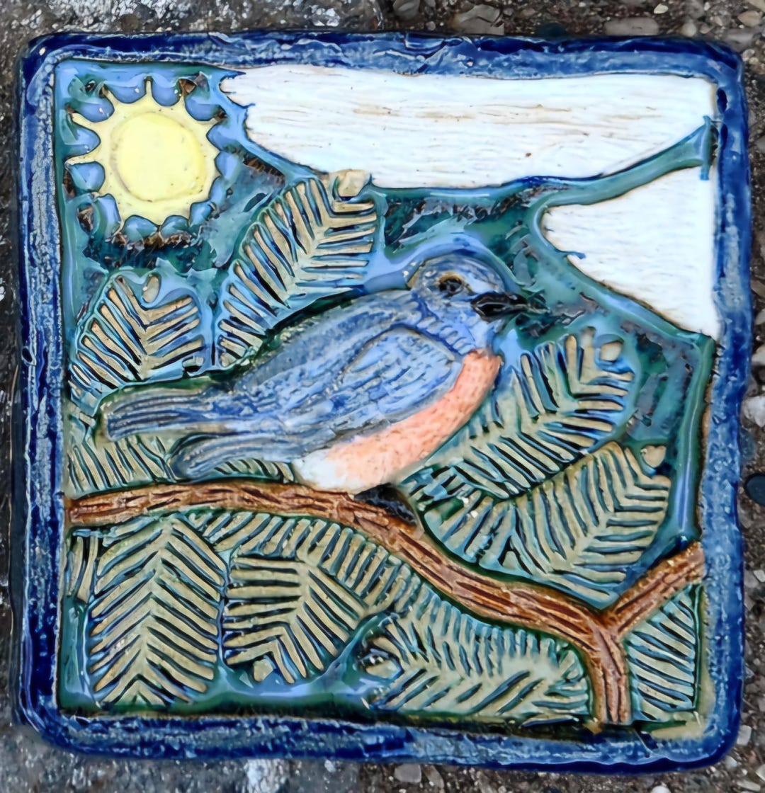Handmade, Decorative, Artisan, Ceramic, Tile Depicting a Bluebird on a ...