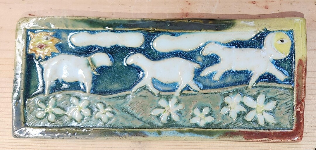 Handmade Decorative, Artisan Tile, Depicting White Sheep in a Field. 8 ...