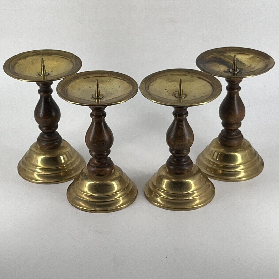 Vintage Brass Wood Wooden Pillar Candle Holders Spiked Made in India ...