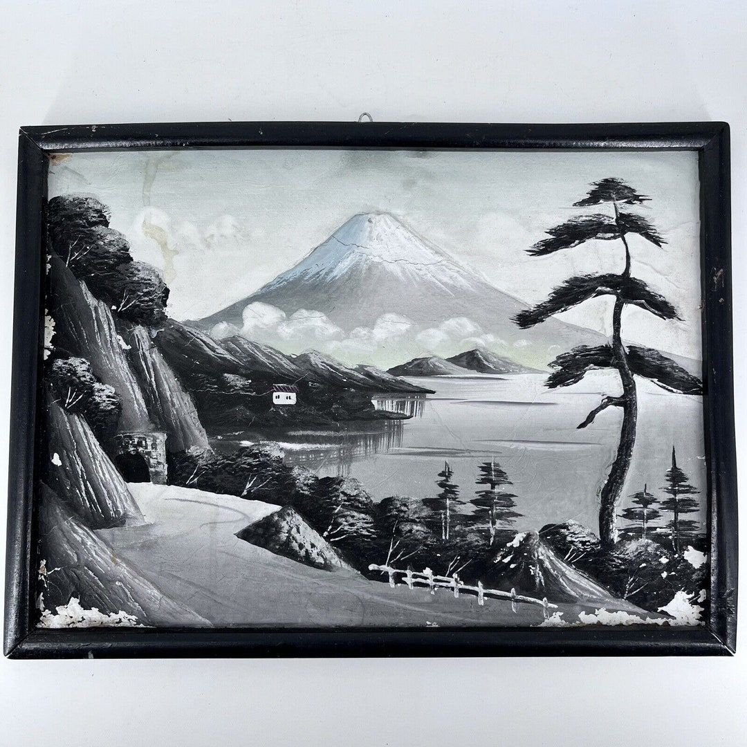 3D Paper Mache Acrylic on Wood Framed Vintage Art Painting Mount Fuji ...