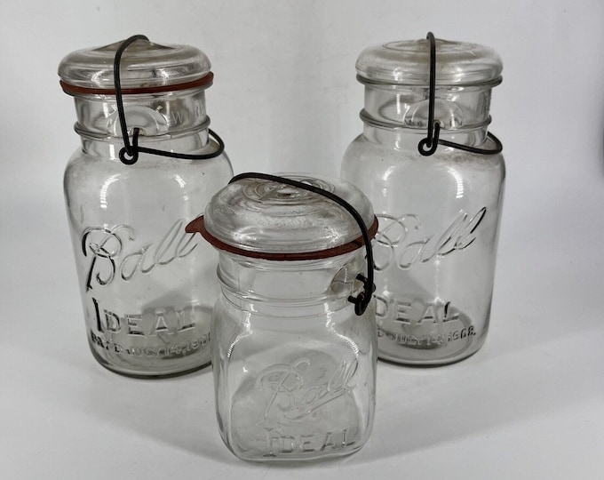 Vintage Ball Ideal Canning Jars Clear Glass Wire Bail Side Lid Quart ...