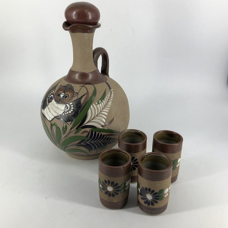 Vintage Tonala Mexican Folk Art Pottery Pitcher Decanter Shot Glass Owl ...