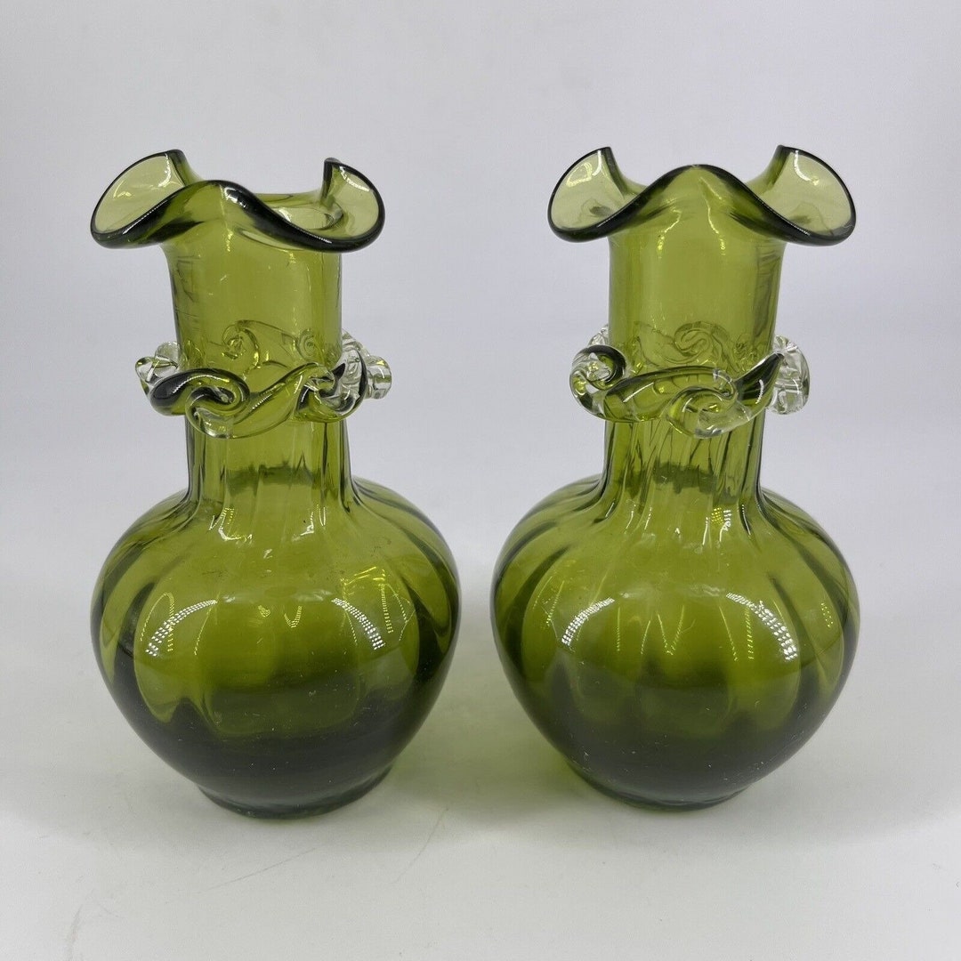Vintage Pilgrim Glass Ruffled Rim Bud Vases Applied Ribbon Avocado ...