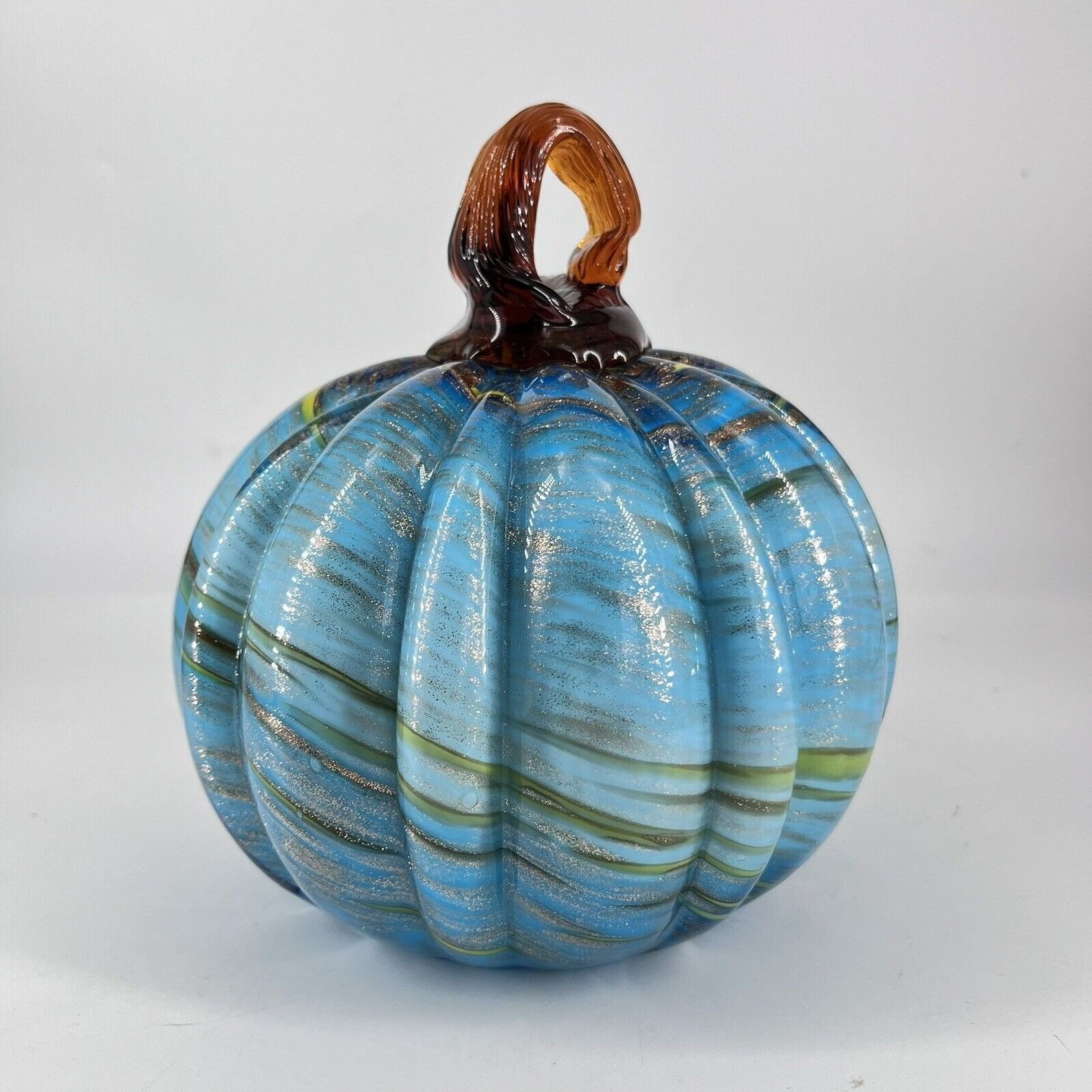 Handblown Art Glass Pumpkin Gourd Figurine Paperweight Blue Copper ...