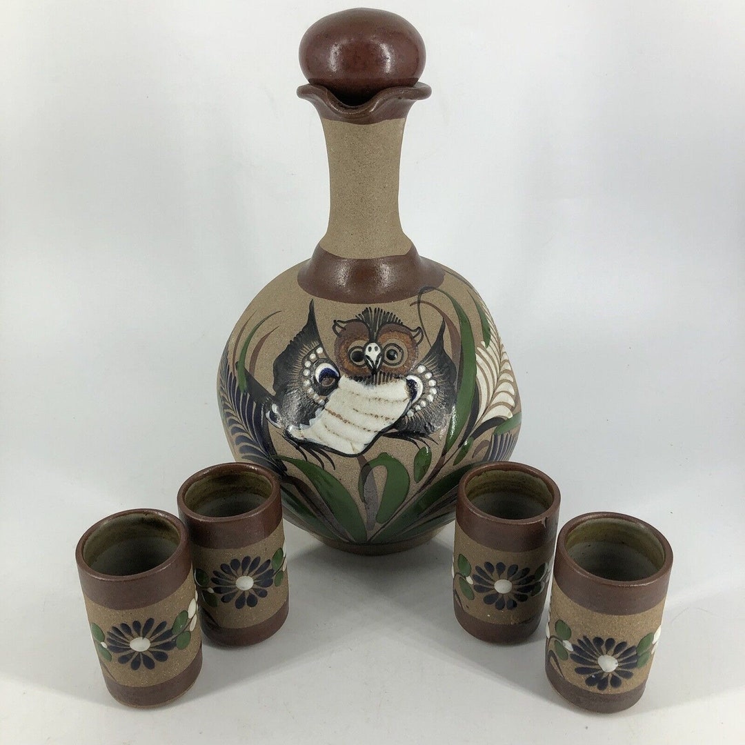 Vintage Tonala Mexican Folk Art Pottery Pitcher Decanter Shot Glass Owl ...