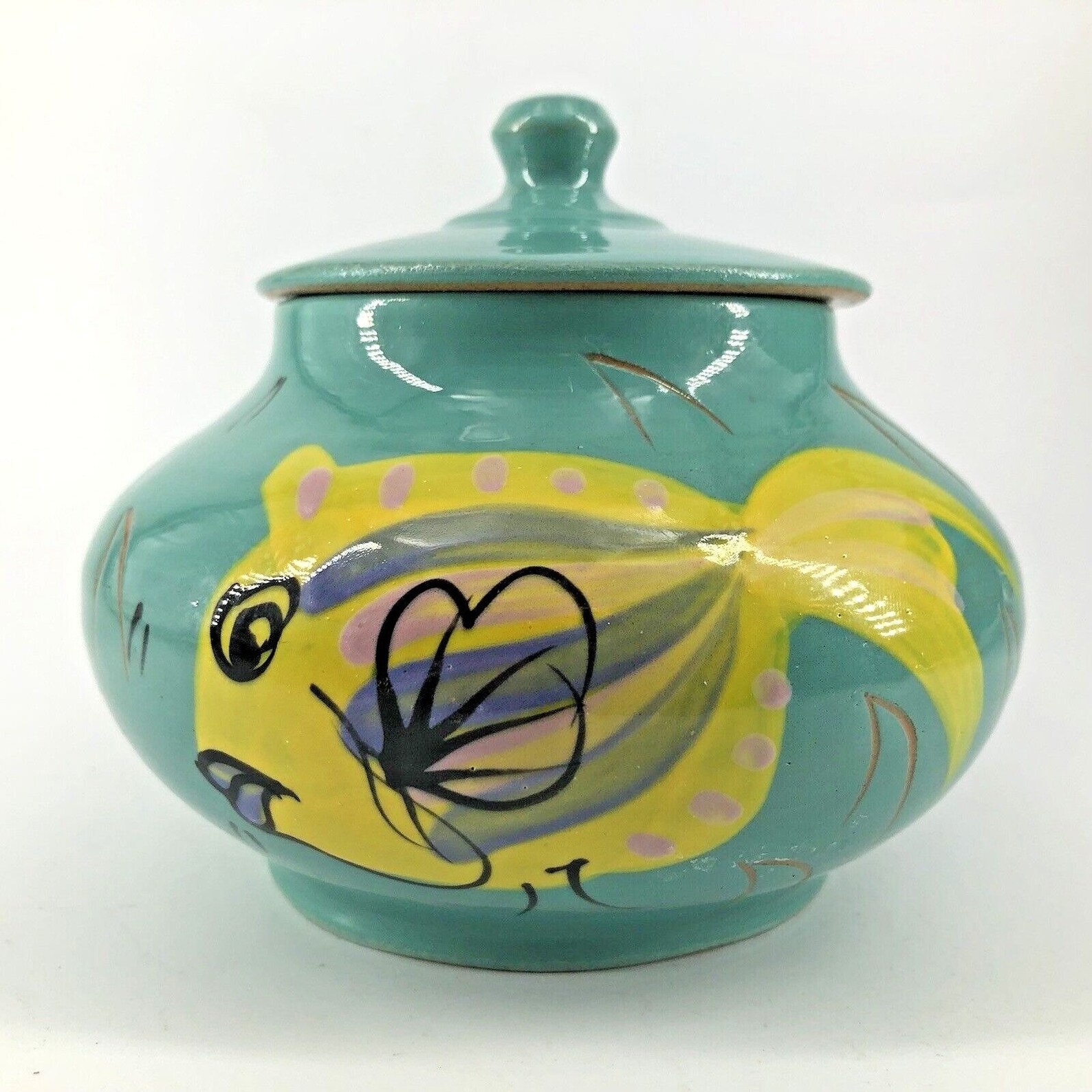 Wassi Jamaica Art Pottery Red Clay Lidded Trinket Dish Yellow Fish ...