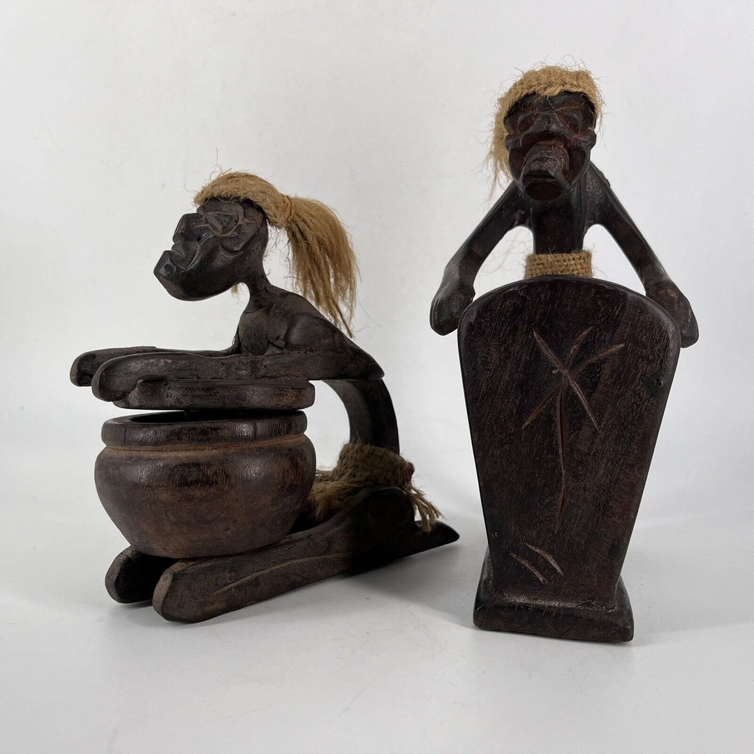 Vintage Primitive Hand Carved Wood Aboriginal Tribal Sculptures Trinket ...