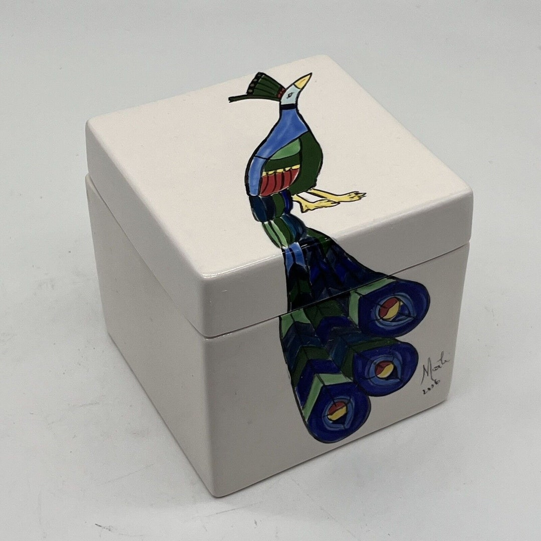 Hand Painted Peacock Square Lidded Pottery Trinket Gift Box Signed - Etsy