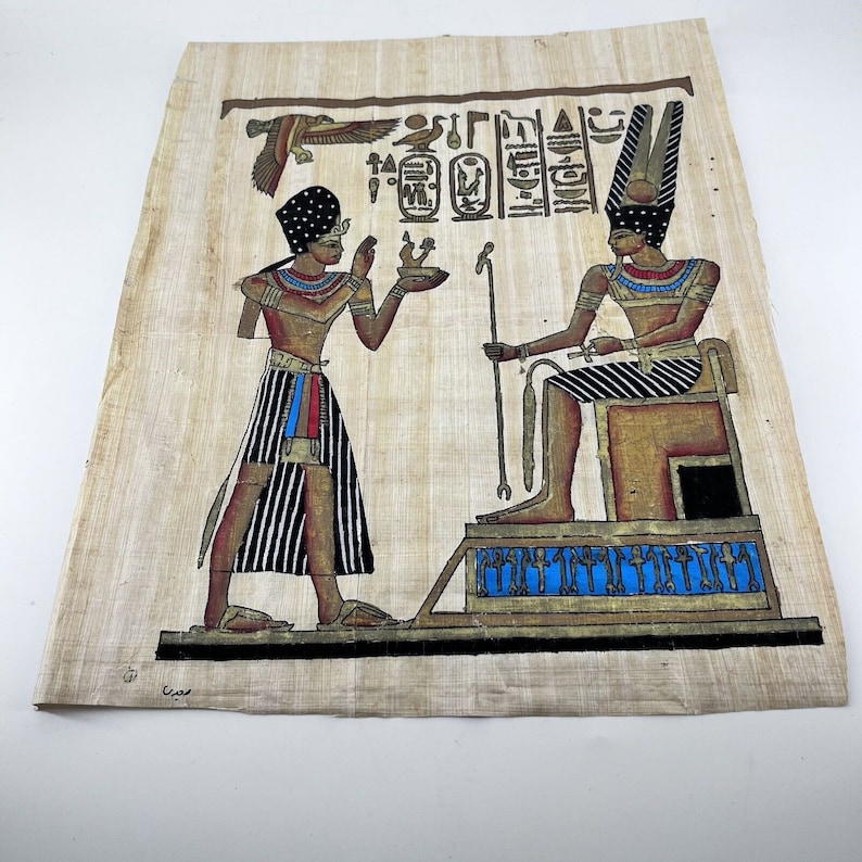 Egyptian Hand Painted Papyrus Paper Ramses II Offering Lotus to Goddess ...