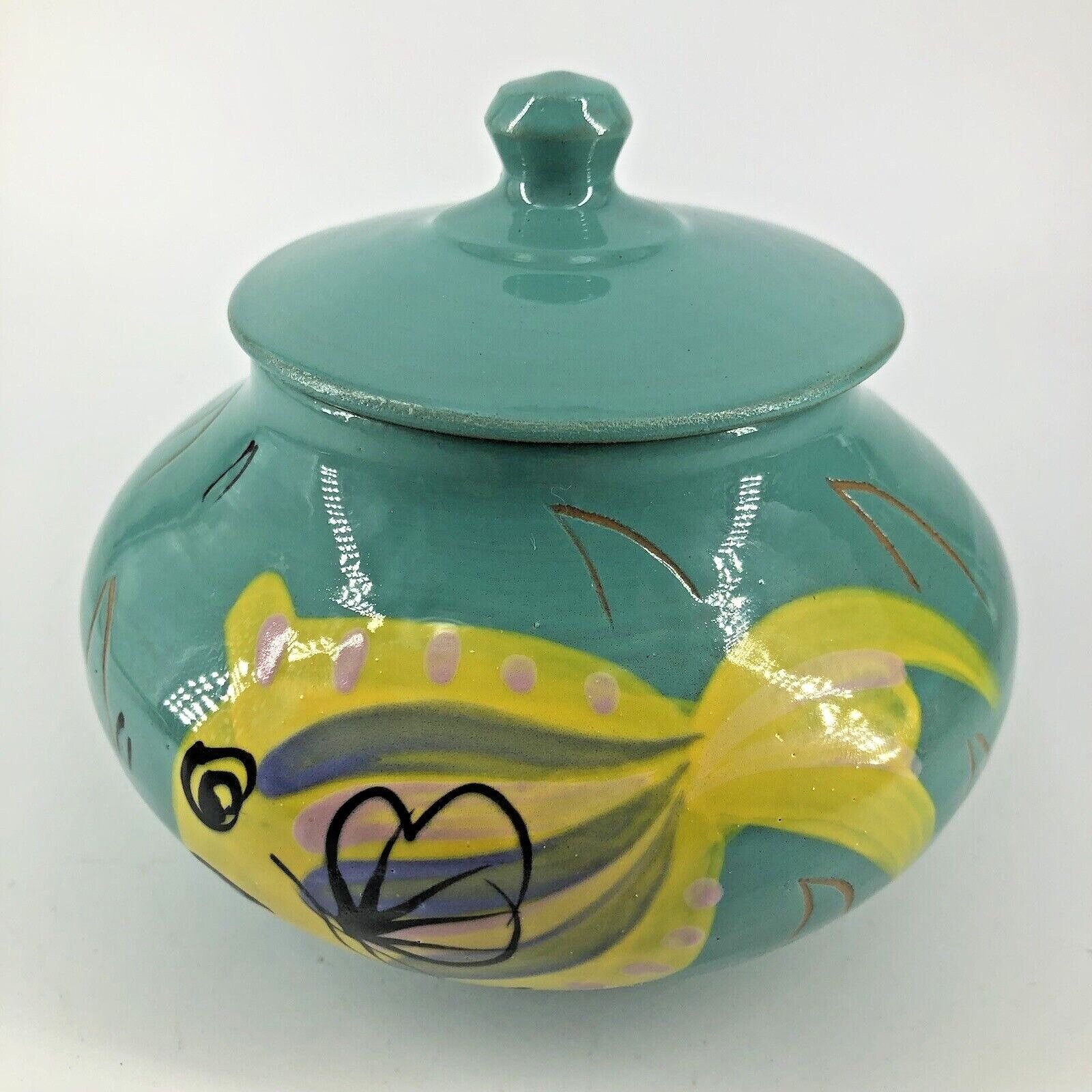 Wassi Jamaica Art Pottery Red Clay Lidded Trinket Dish Yellow Fish ...