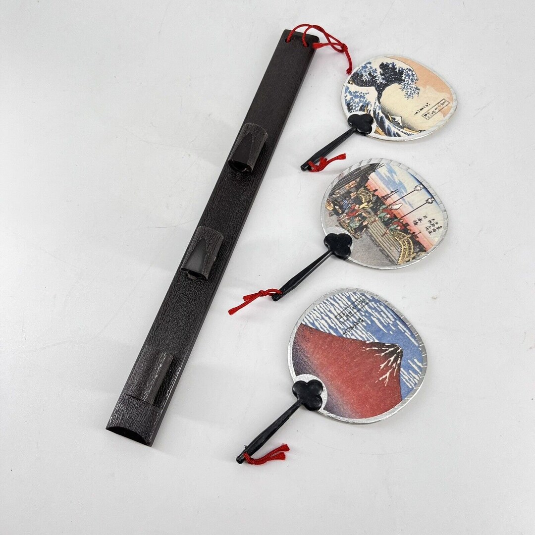 Vintage Japanese Miniature Paper Fans and Holder Hokusai Mt Fuji Wave ...