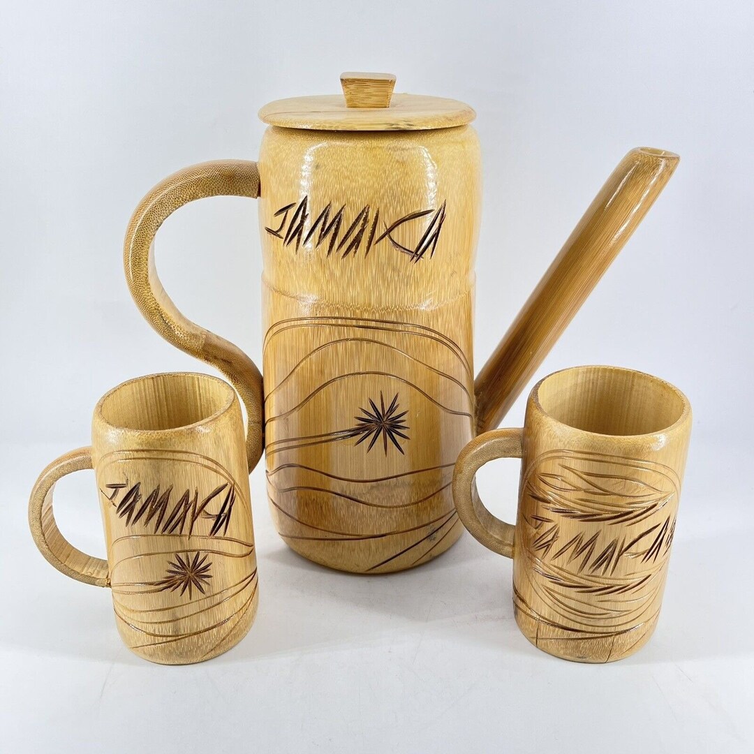 Vintage Hand Carved Etched Bamboo Tea Set Coffee Pot Cups Tiki Bar ...