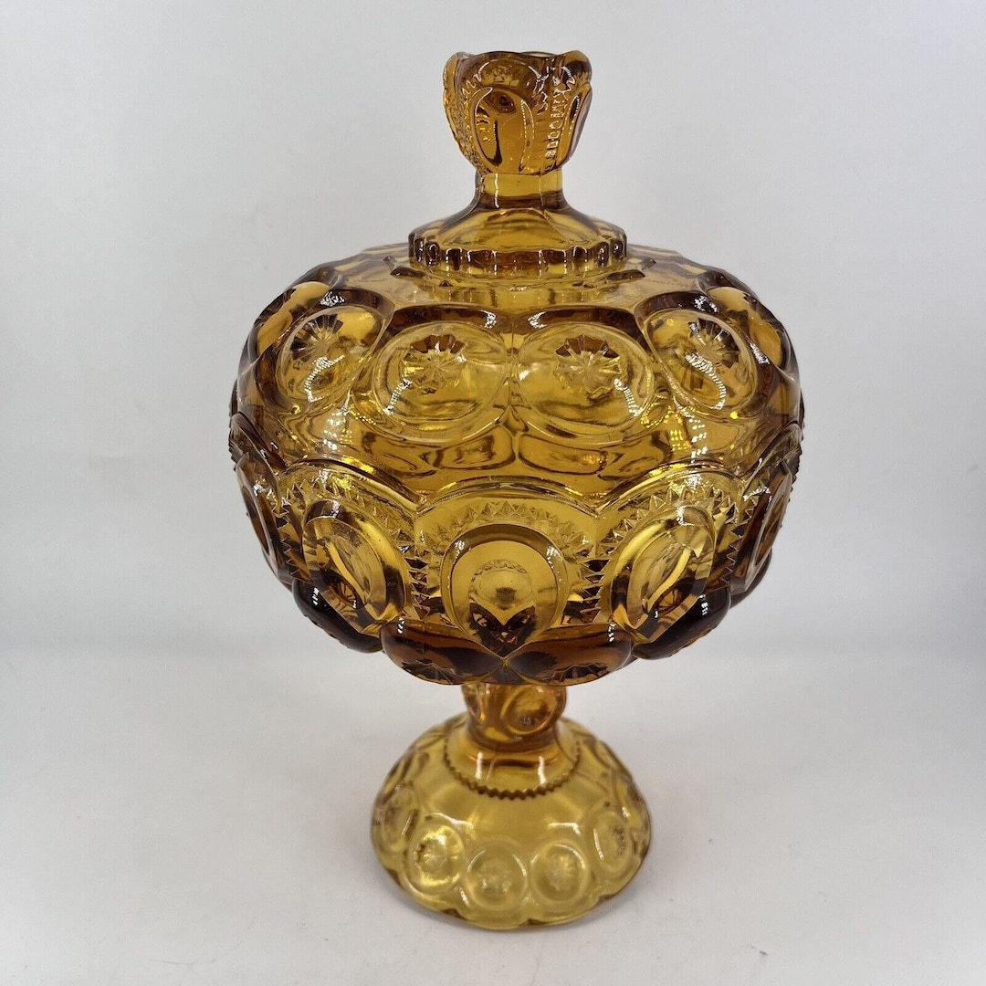 Vintage L.E. Smith Glass Moon & Stars Lidded Pedestal Compote - Etsy