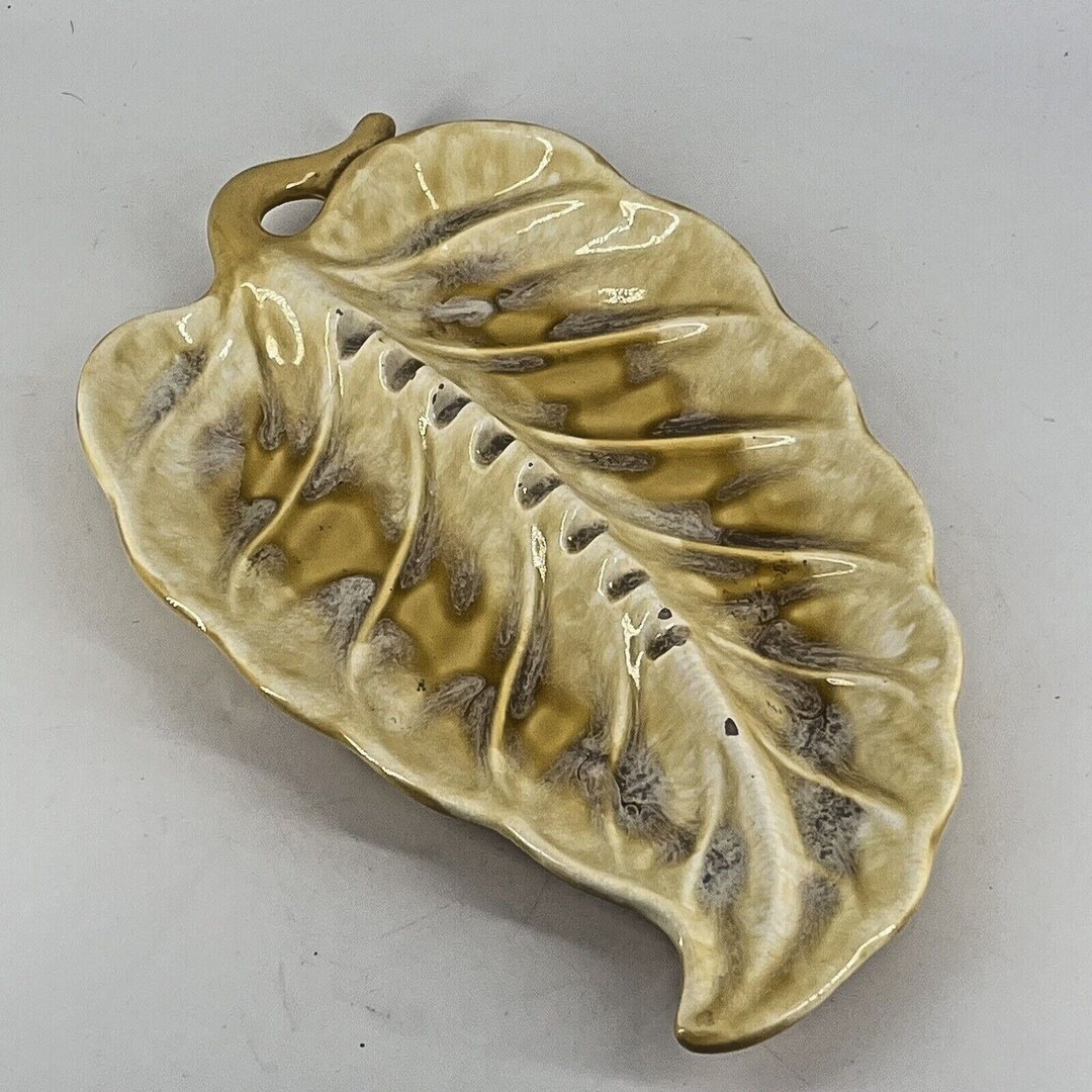 Vintage USA Pottery Ceramic Leaf Ashtray Yellow Drip Glaze 1970s Large ...
