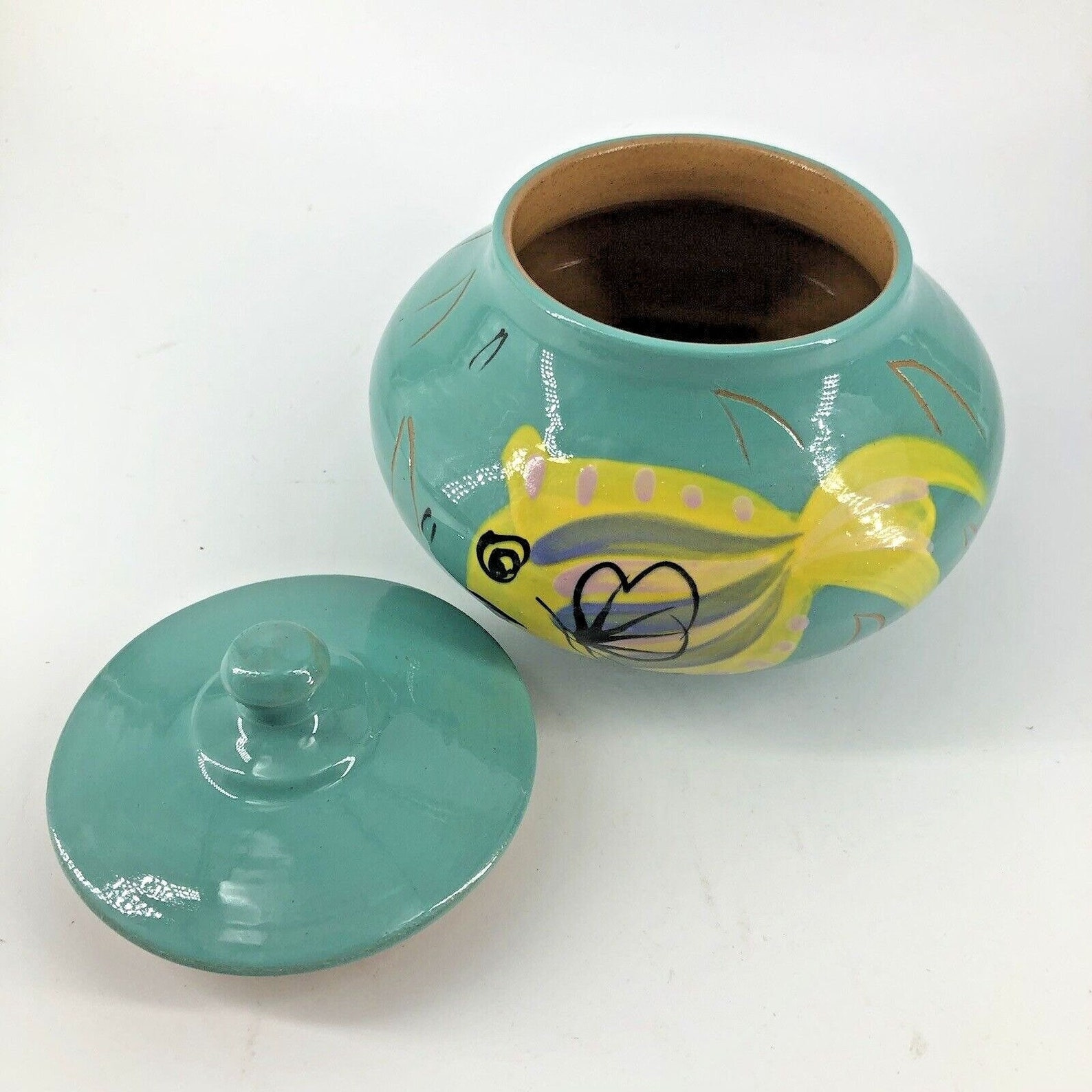 Wassi Jamaica Art Pottery Red Clay Lidded Trinket Dish Yellow Fish ...