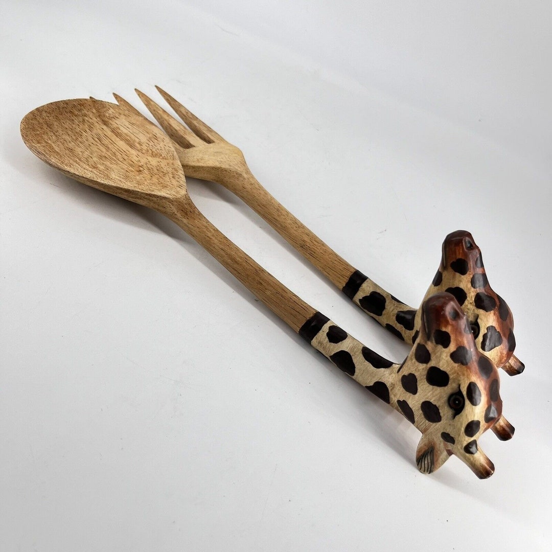 Hand Carved Wood Wooden African Giraffe Salad Tongs Serving Spoon Fork ...