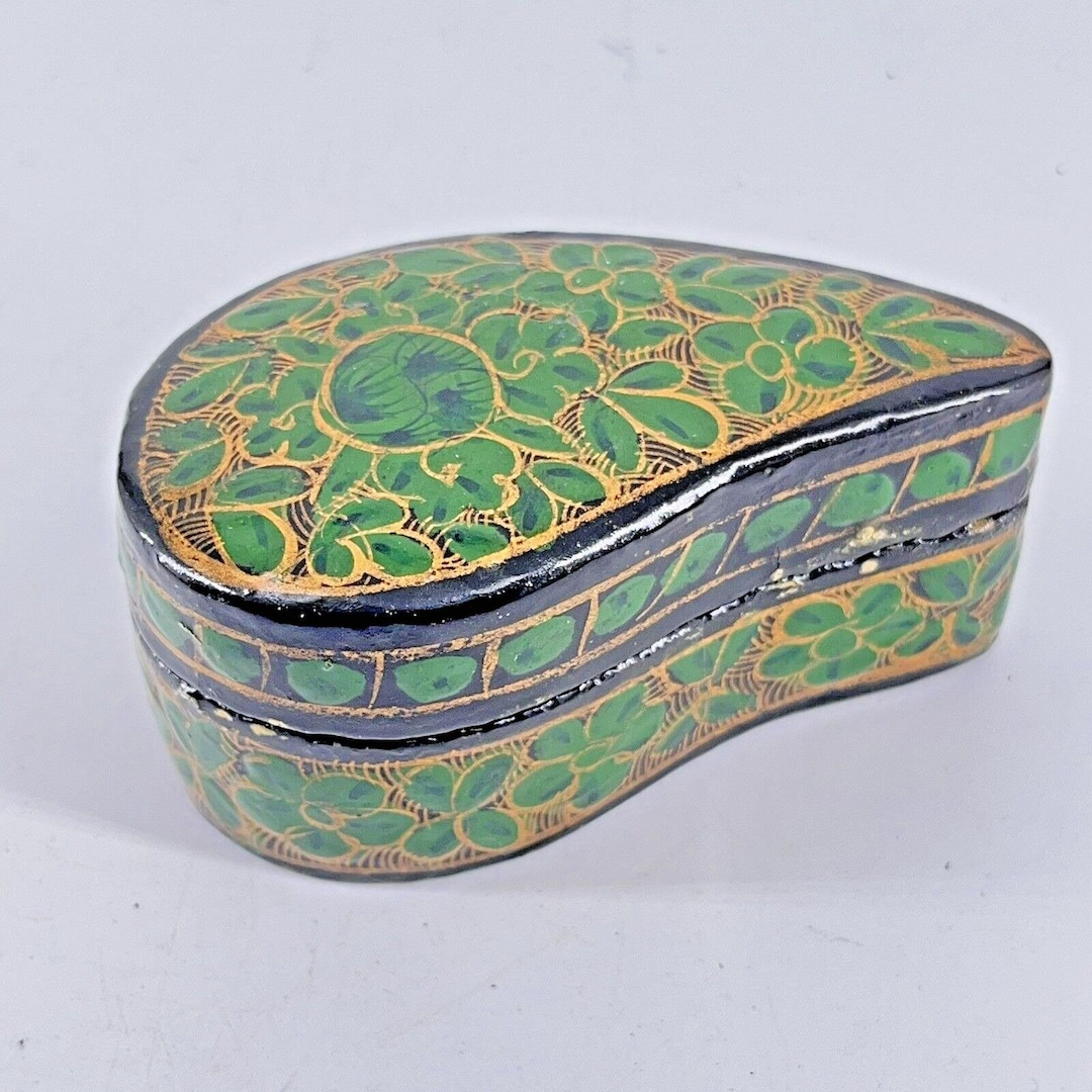 Vintage Kashmir India Hand Painted Lacquered Paper Mache Lidded Trinket ...