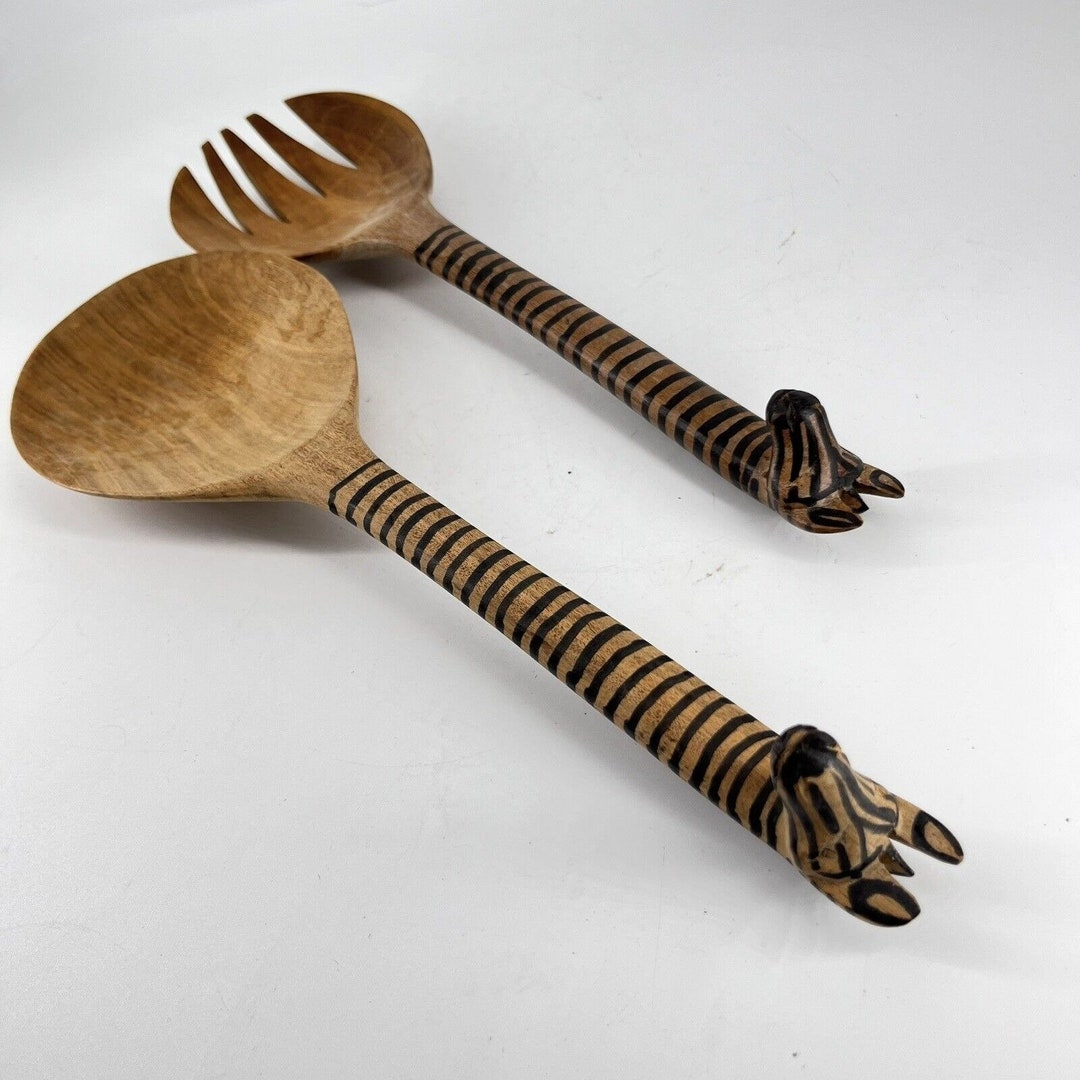 Hand Carved Wood Wooden African Zebra Salad Tongs Serving Spoon Fork ...