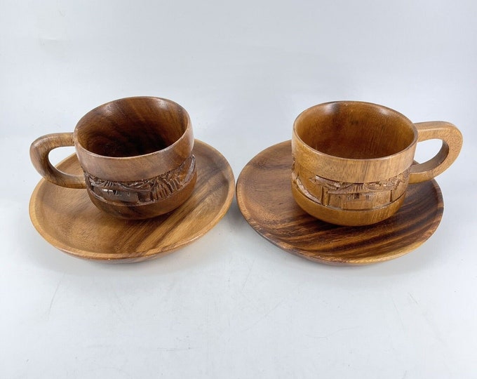 Vintage Tiki Wood Cups Saucers Hand Carved Polynesian Wooden Tropical ...