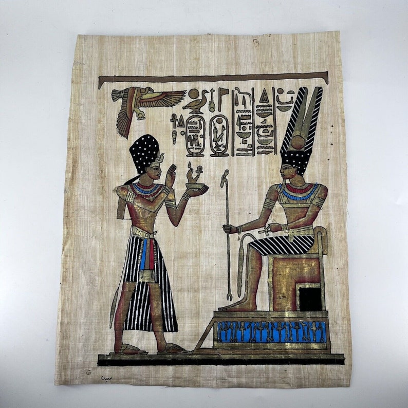 Egyptian Hand Painted Papyrus Paper Ramses II Offering Lotus to Goddess ...