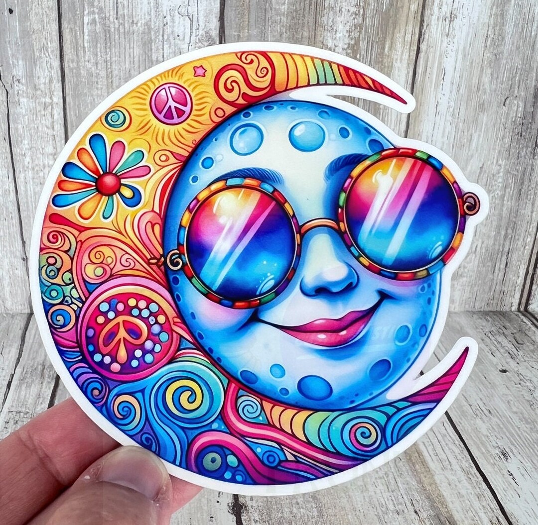 Moon With Sunglasses Sticker, Peace Moon Sticker, Colorful Moon Sticker ...