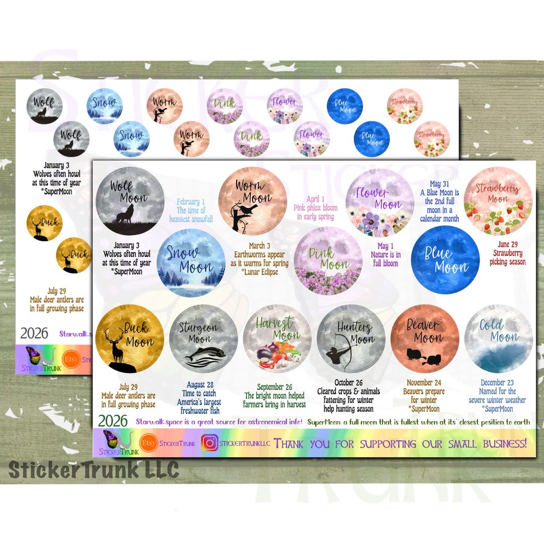 Full Moon Planner Stickers, Indigenous Moon Names 2026 - Etsy