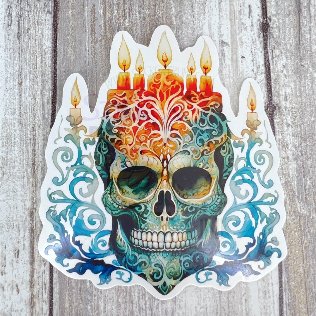 Skull and Candles Sticker, Skull Stickers, Happy Skull, Halloween ...