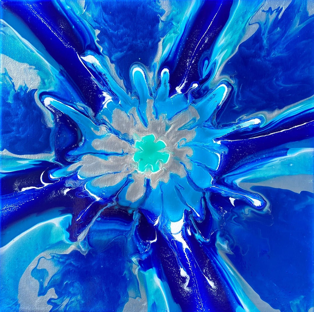 Original Acrylic Pour Painting, Fluid Art, Flower, Blue Burst - Etsy