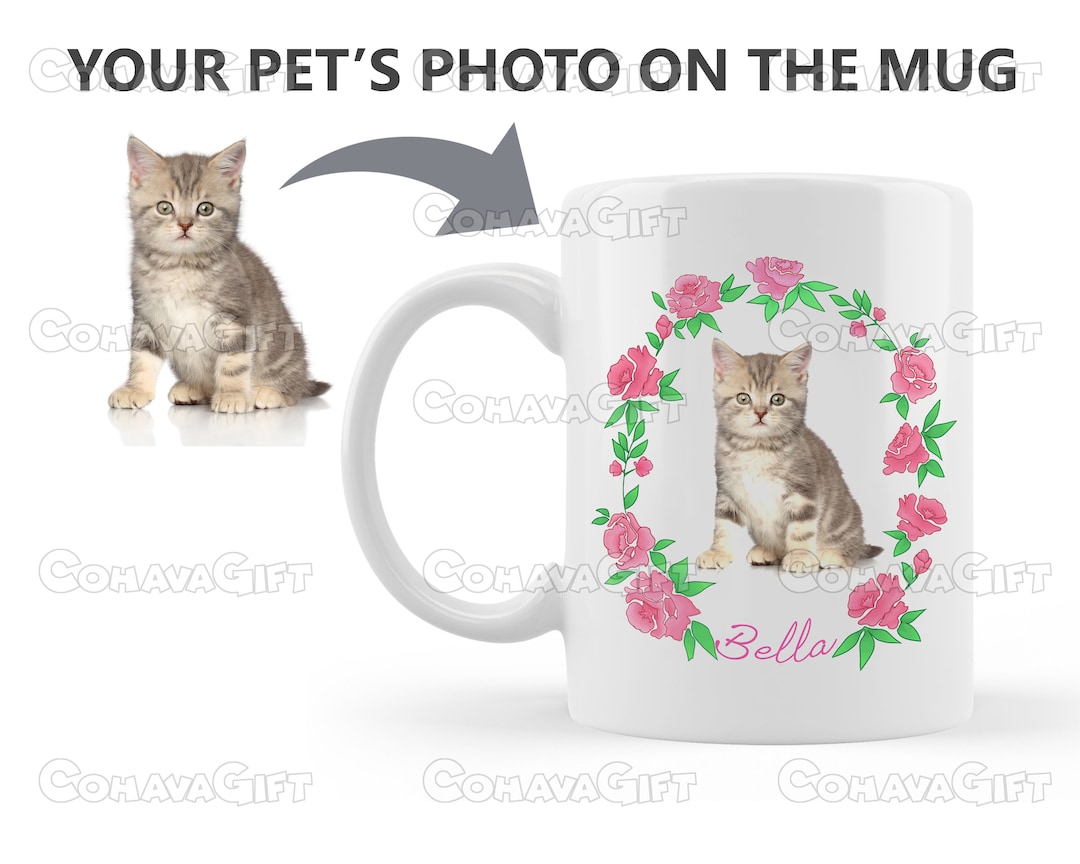 Personalized Cat Mug, Custom Cat Photo Mug, Flower Cat Coffee Mug, Cat ...