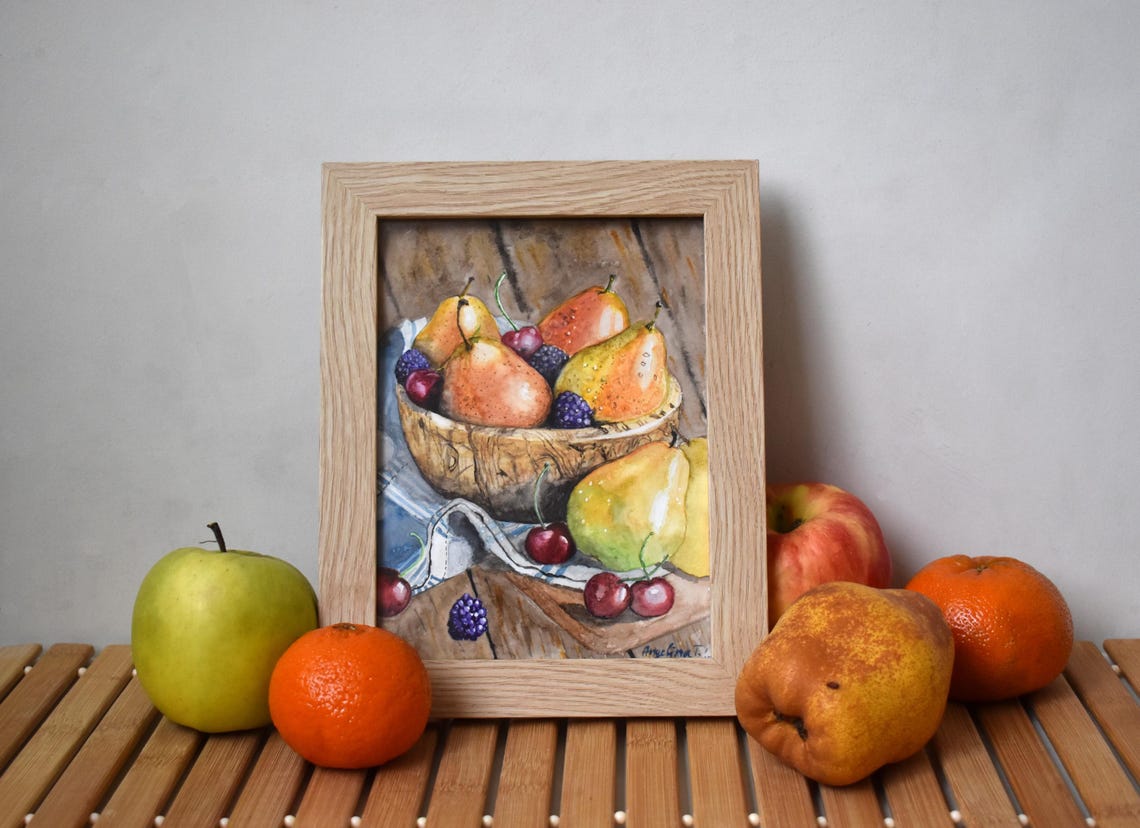 Cozy Kitchen Pears and Cherries Original Watercolour Painting, Fruits ...