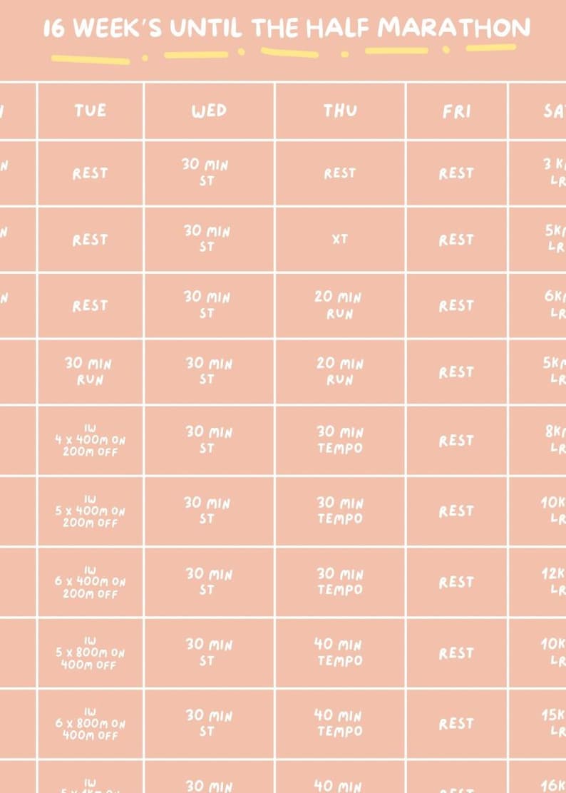 16 Week Half Marathon Training Plan - Etsy