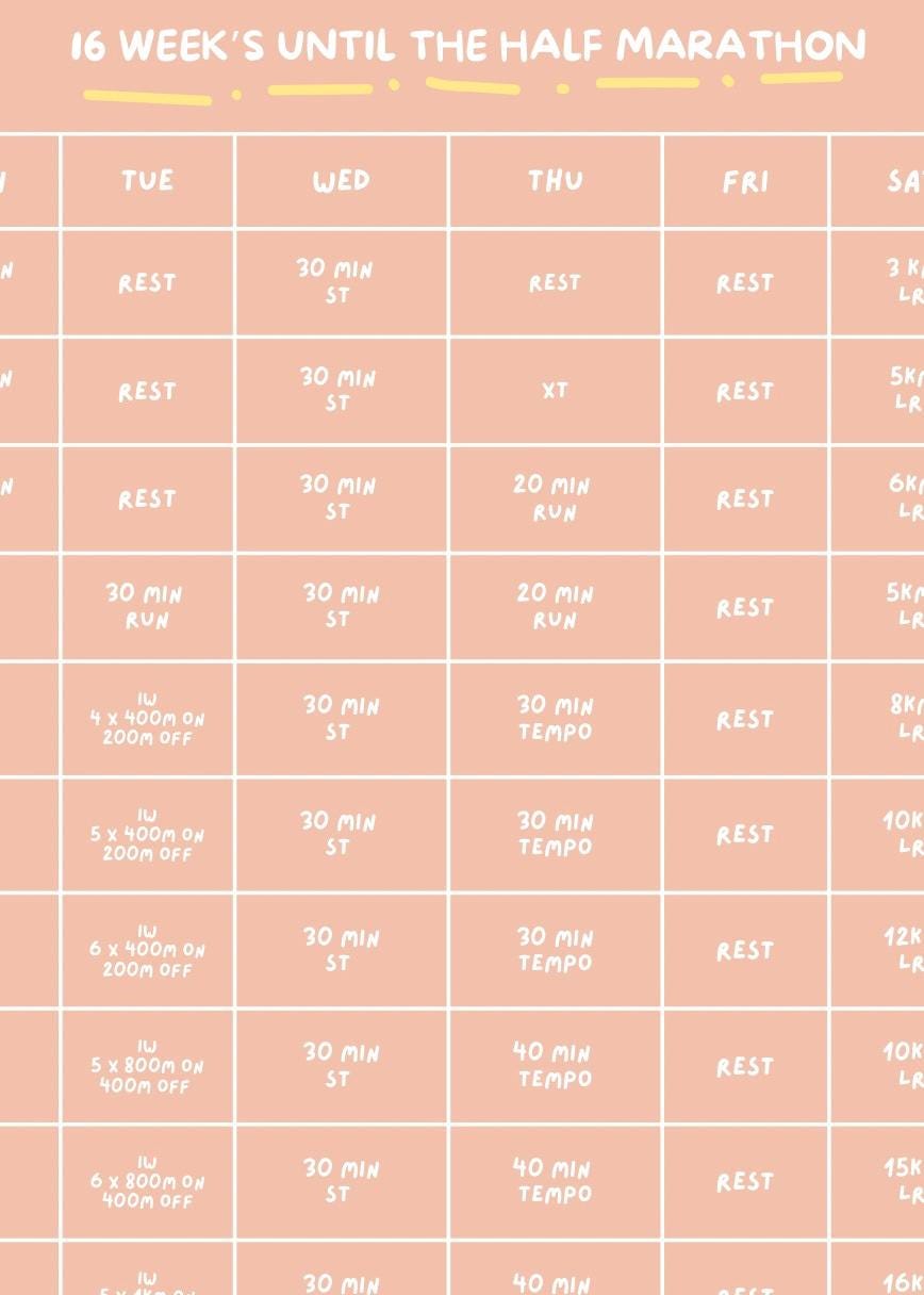 16 Week Half Marathon Training Plan - Etsy