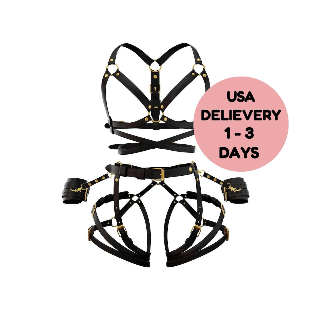 BDSM Kit, Black Gold Harness Set, Leather Harness Set BDSM, Bondage ...