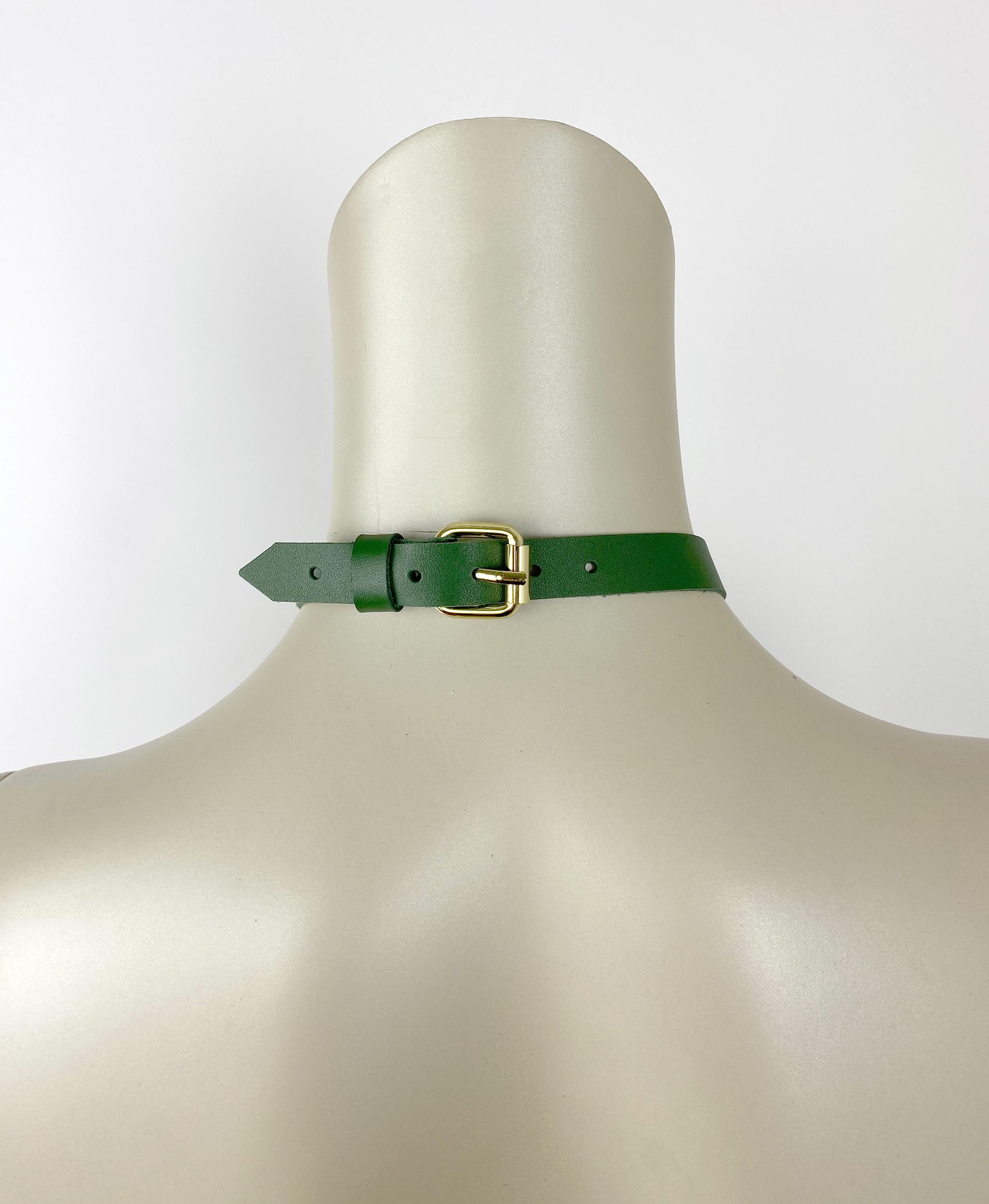 Green Leather Chain Choker Necklace, Handmade Slip Collar With O-ring ...