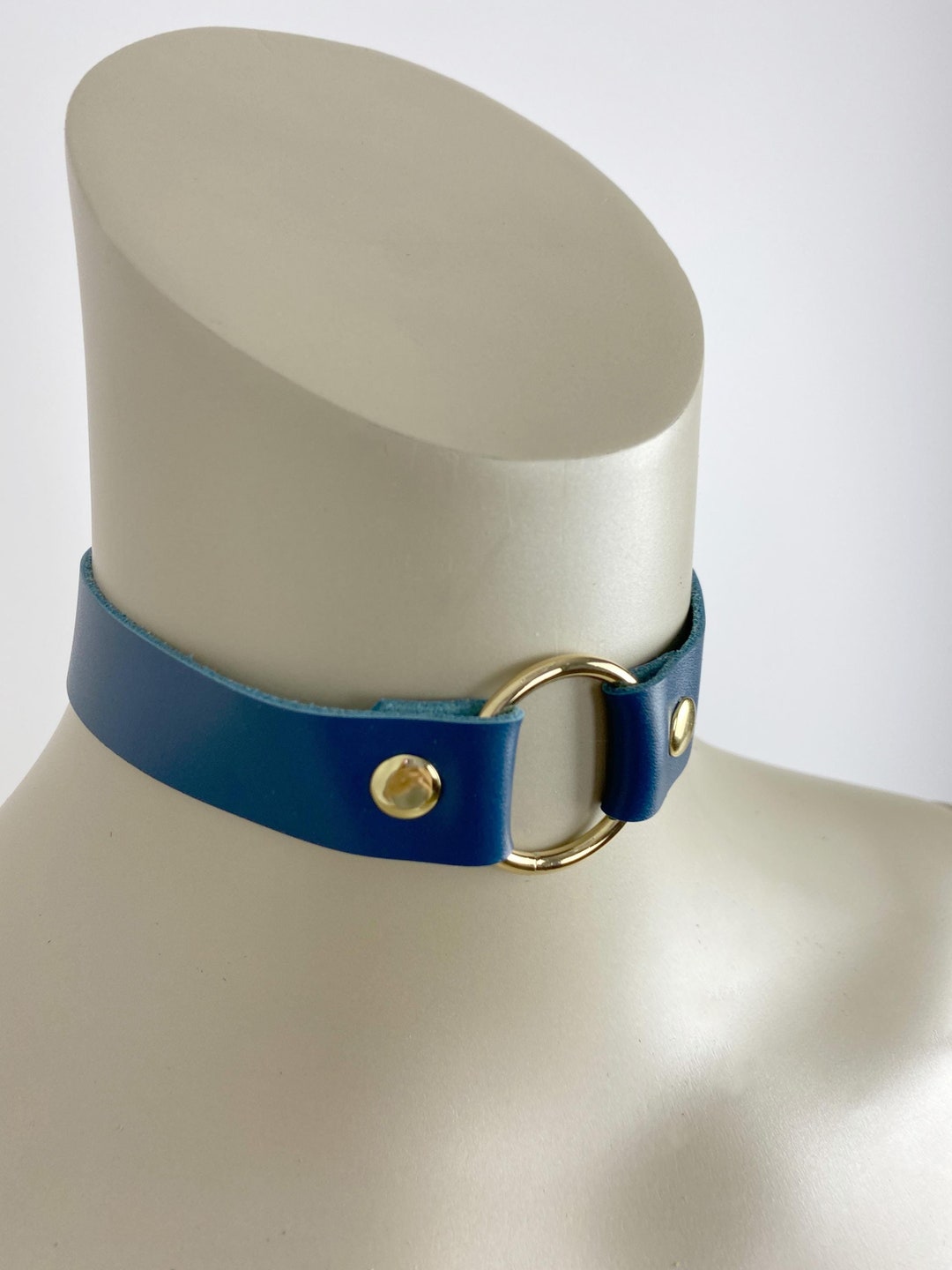 Dark Blue Leather Choker, Custom Choker With O-ring, Golden Ring Collar ...