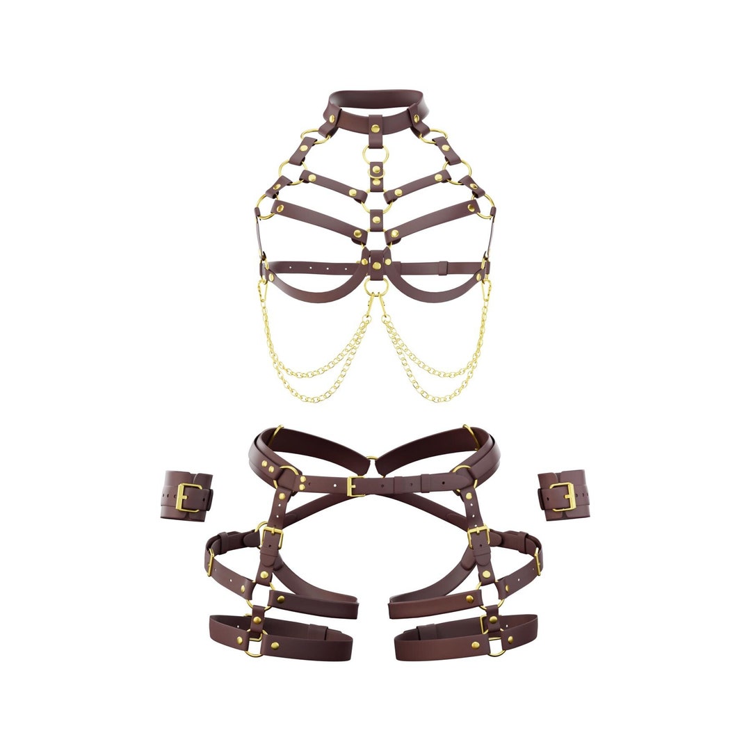 BDSM Restraint Set, Burgundy Leather Harness Bondage, Chain Harness ...