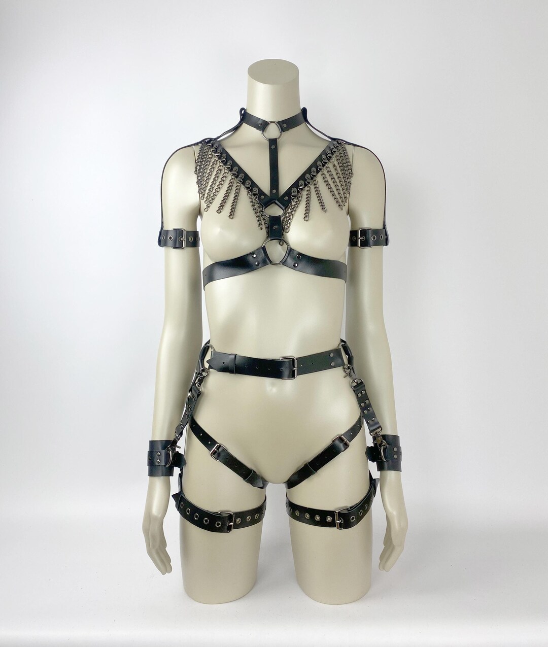 Rave Leather Harness Set With Handcuffs, Chain Harness Outfit, Leather Harness Bondage, Chain ...