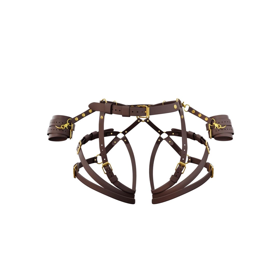 Burgundy Butt Garters Set With Handcuffs, Burgundy Leather Harness ...