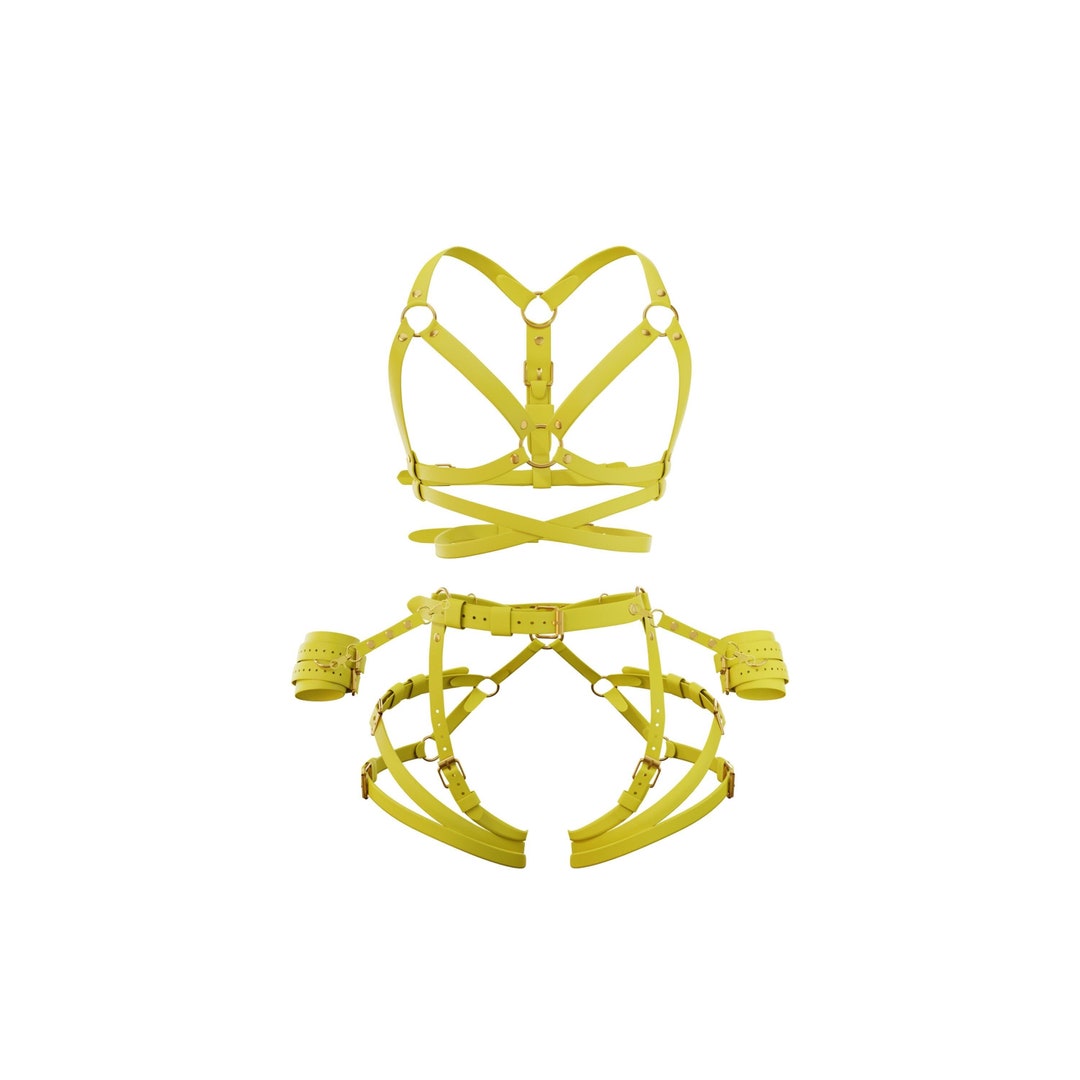 Yellow Leather Bondage Set, Leather Harnesses for Women, Bra Harness ...