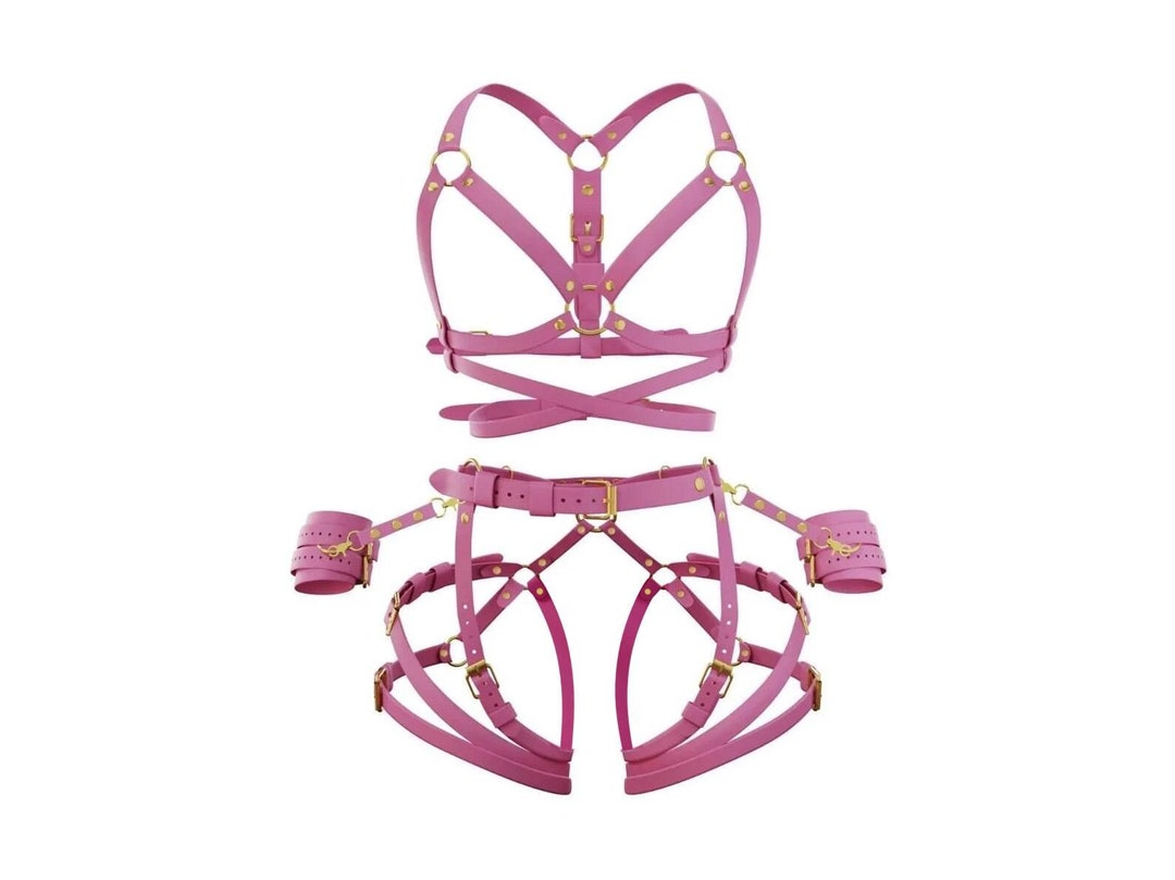 Dark Pink Leather Bondage Set, Leather Harnesses for Women, Open Bra ...