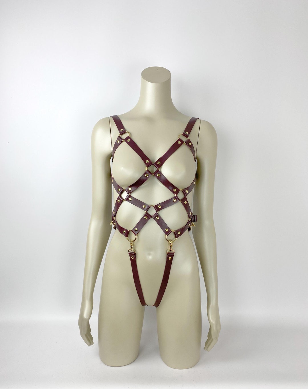 Burgundy Gold Full Body Harness, Open Crotch Harness, BDSM Harness, Open Bra, See Through, BDSM ...