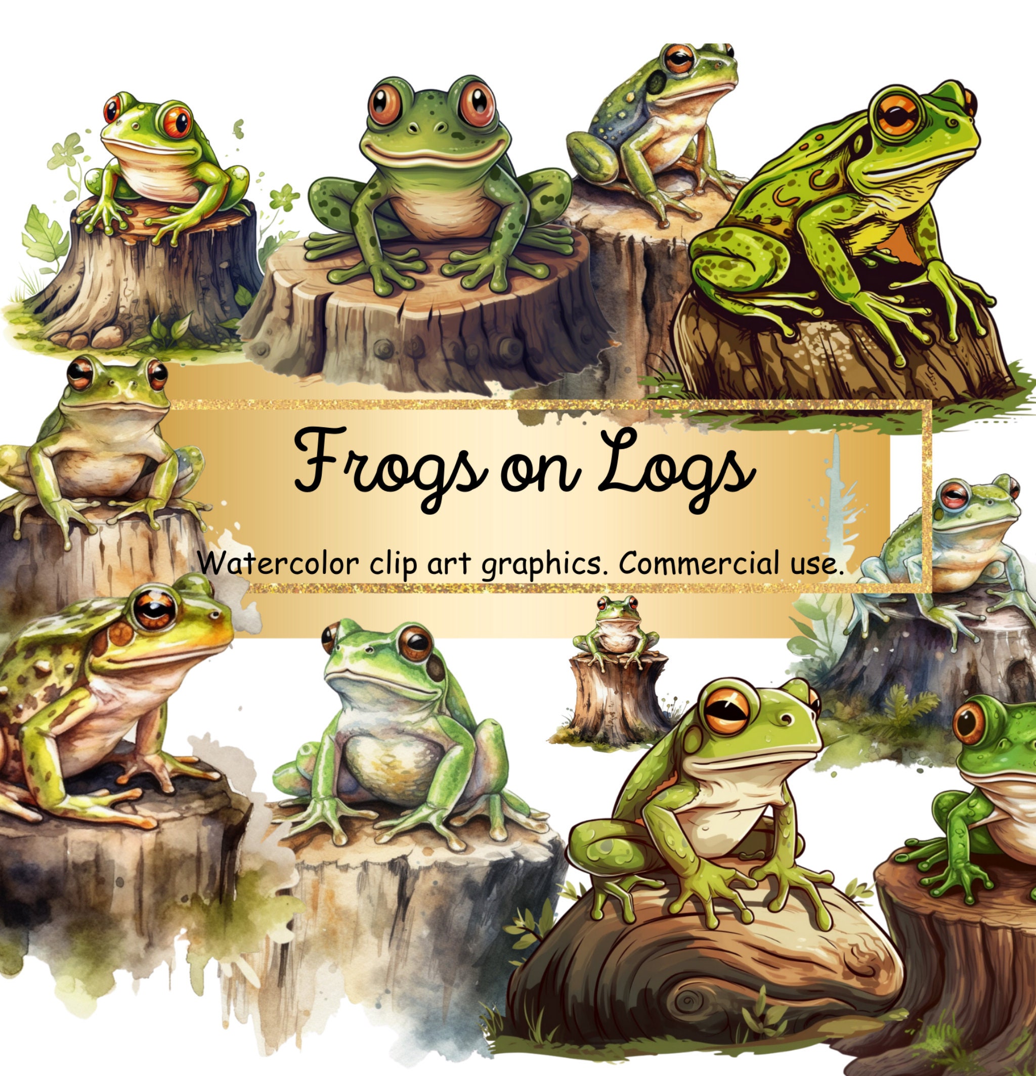 Frogs on Logs Watercolor Clipart Graphic Images X 11. Downloadable ...