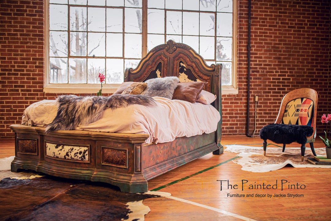 SOLD - Rustic One of A Kind Hand Painted Bed Cowhide Tooled Leather ...